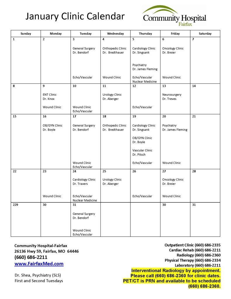 Specialty Clinic Calendar