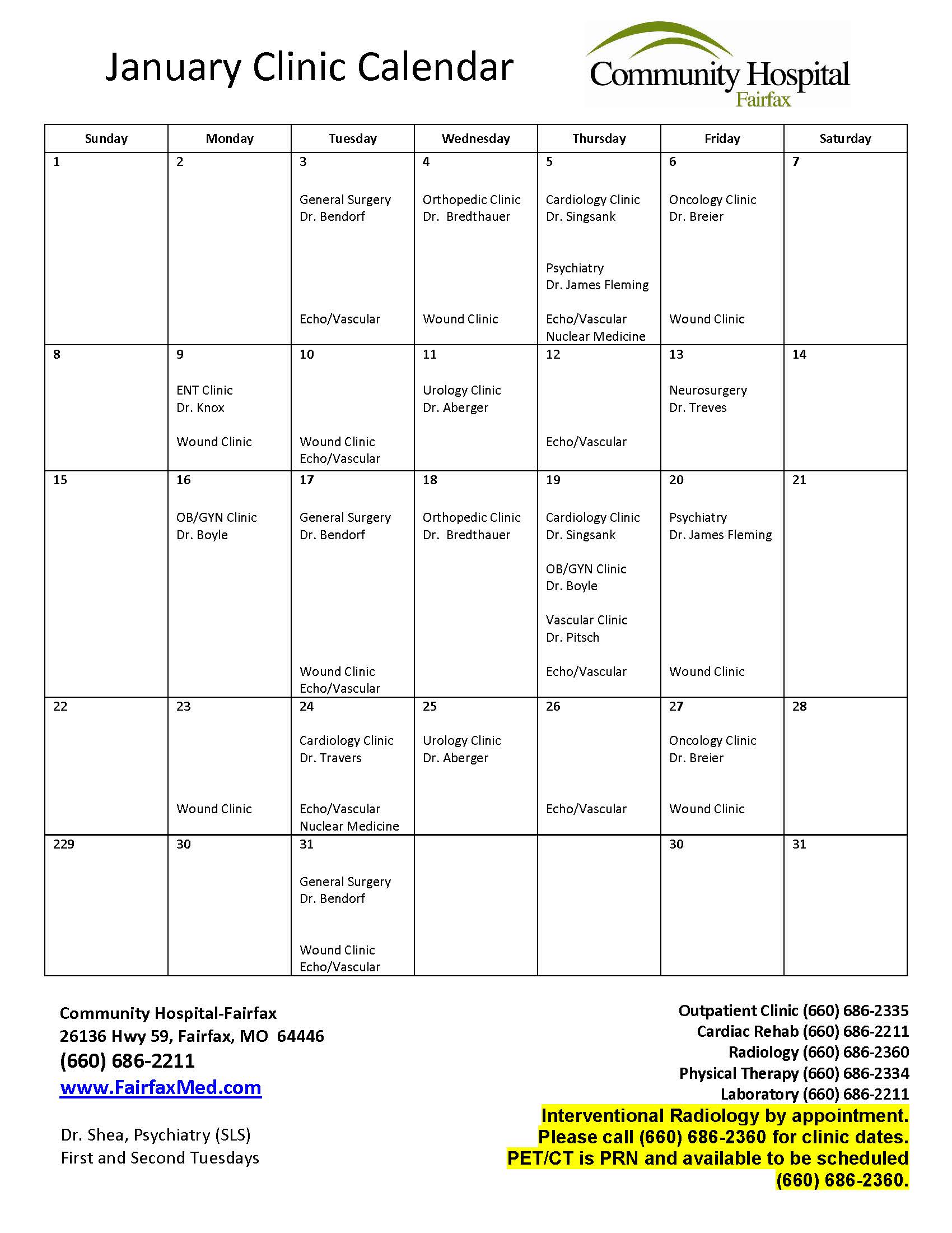 Specialty Clinic Calendar